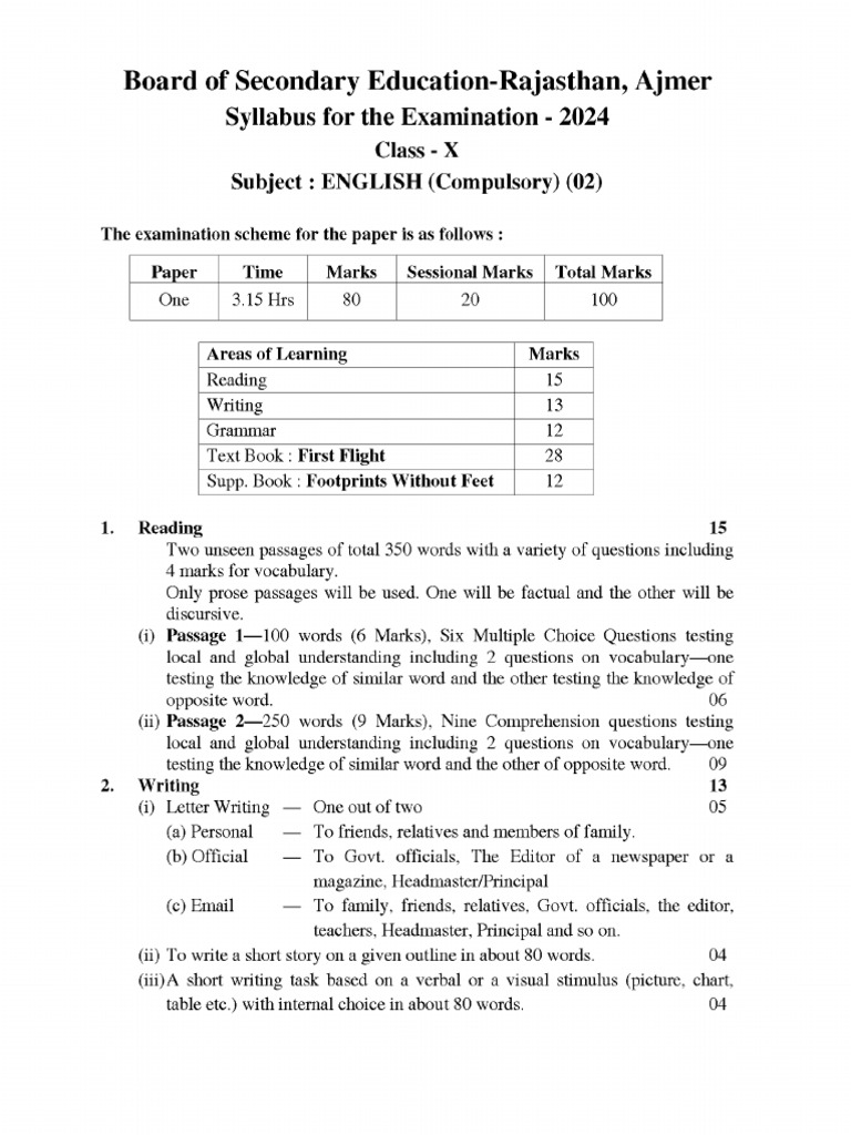 Rbse Class 10 English | PDF