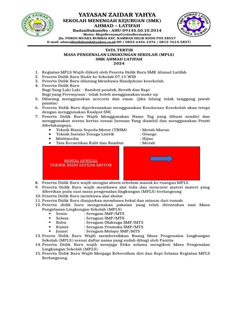 TATA TERTIB PESERTA DAN PANITIA MPLS 2024 | PDF