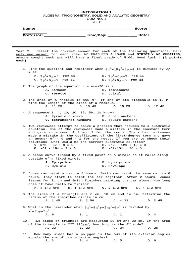 Quiz 1 Set B Answer Key | PDF