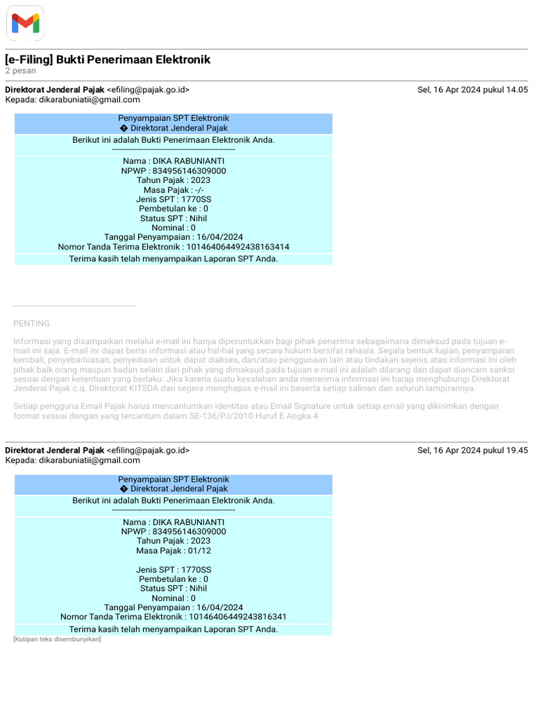 Gmail - (E-Filing) Bukti Penerimaan Elektronik | PDF