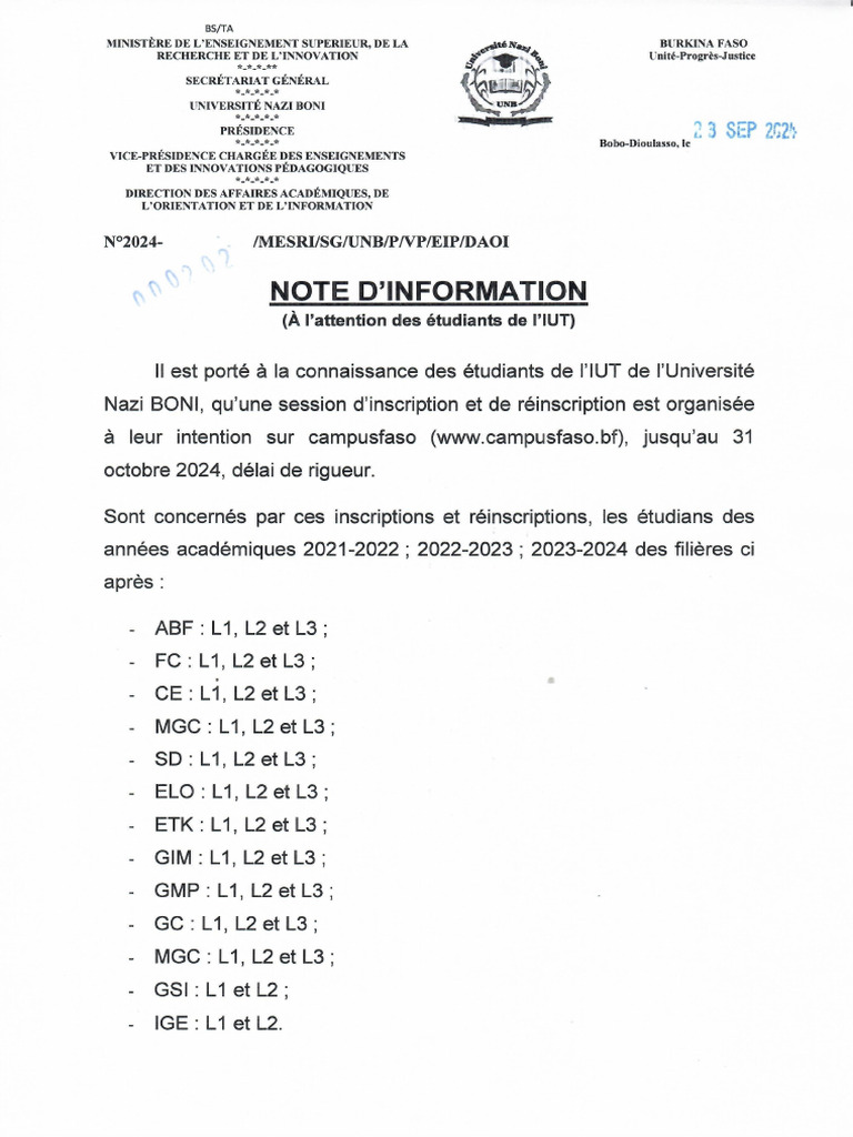Note D'Information: N°2024-/Mesri/Sg/Unb/Pnp/Eip/Daoi | PDF