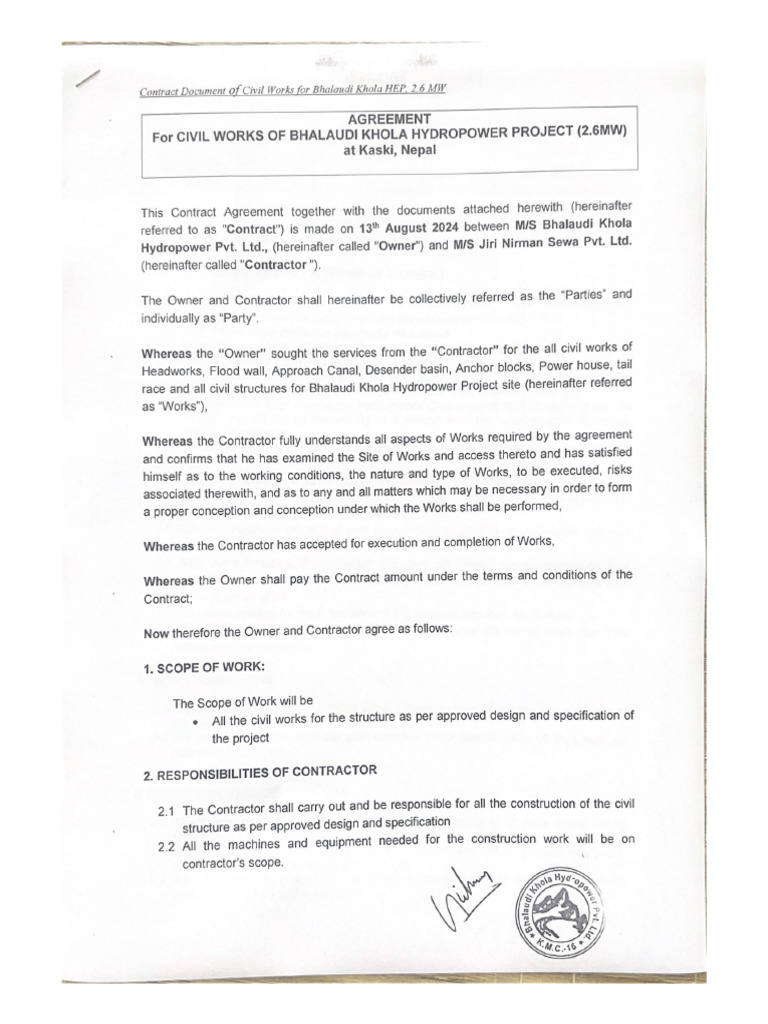 Contract Document of Civil Works for Bhalaudi Khola HEP, 2.6 MW | PDF