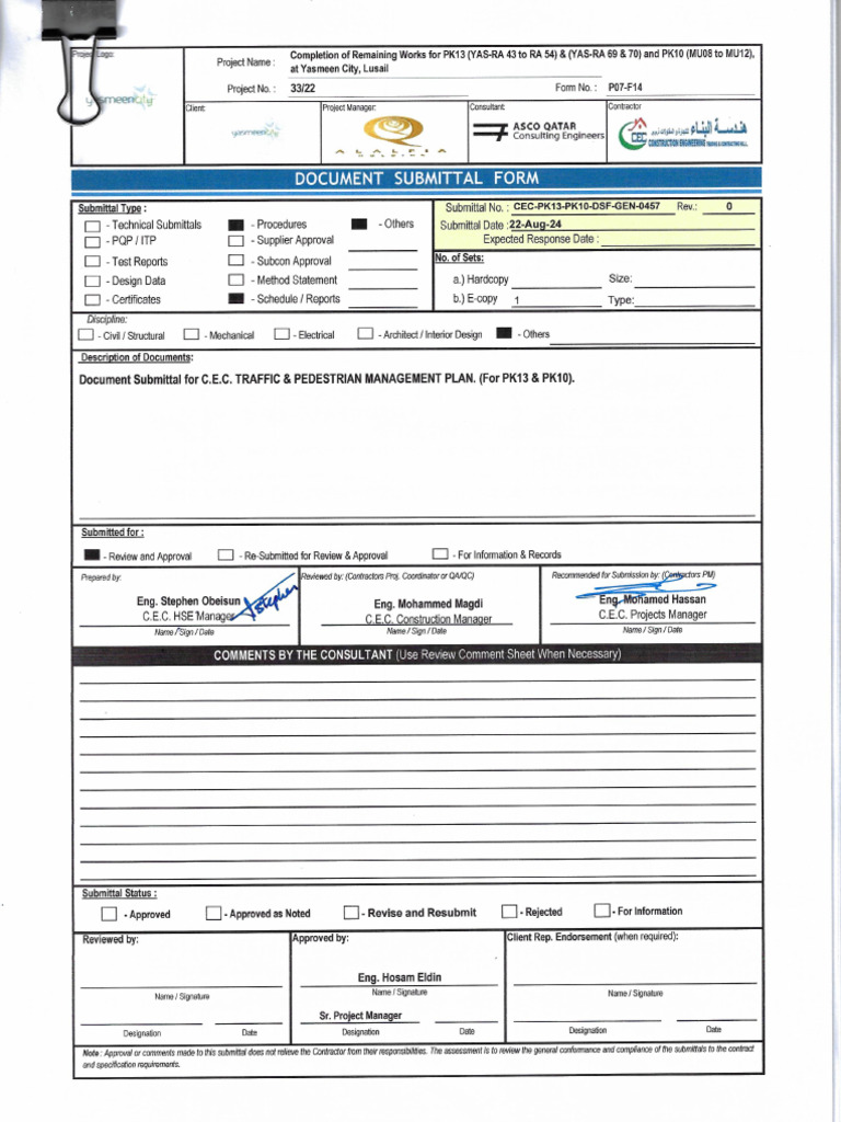 CEC-PK13-PK10-DSF-GEN-0457 R00 - DSF For C.E.C. TRAFFIC & PEDESTRIAN MANAGEMENT PLAN | PDF