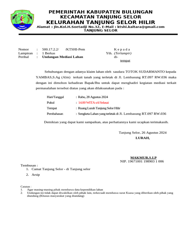 Surat Undangan Sengketa Pak Totok | PDF