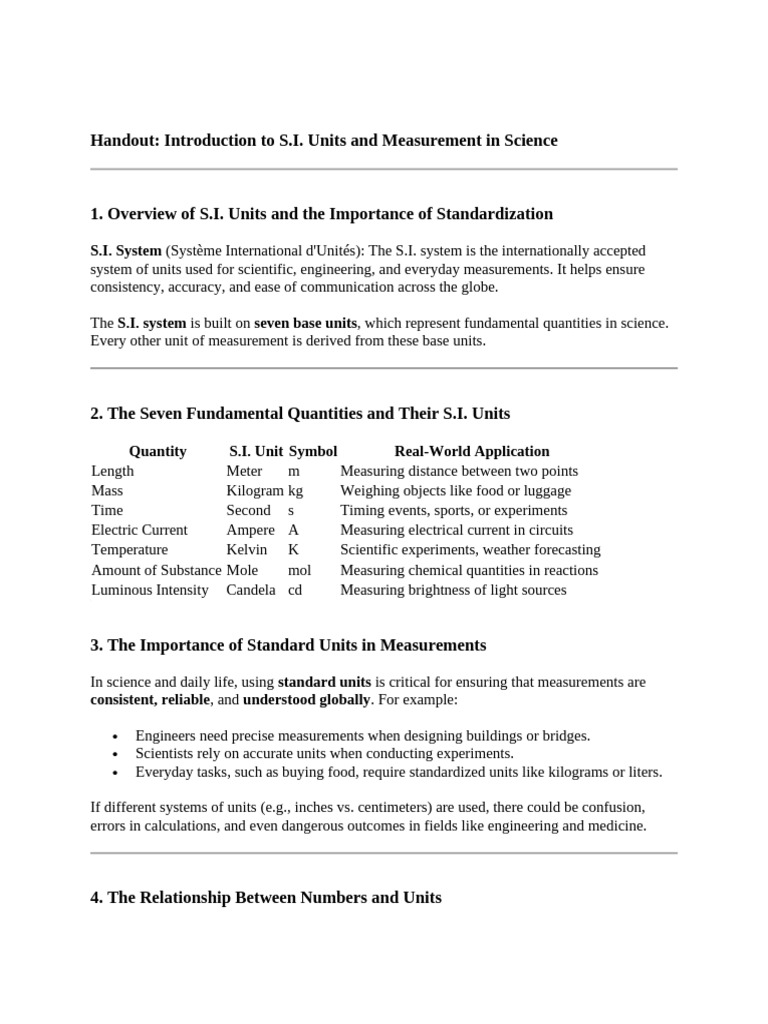 Handout Introduction To S.I. Units and Measurement in Science | PDF ...