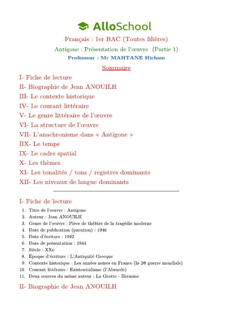 Antigone Presentation de L Oeuvre Partie 1 | PDF
