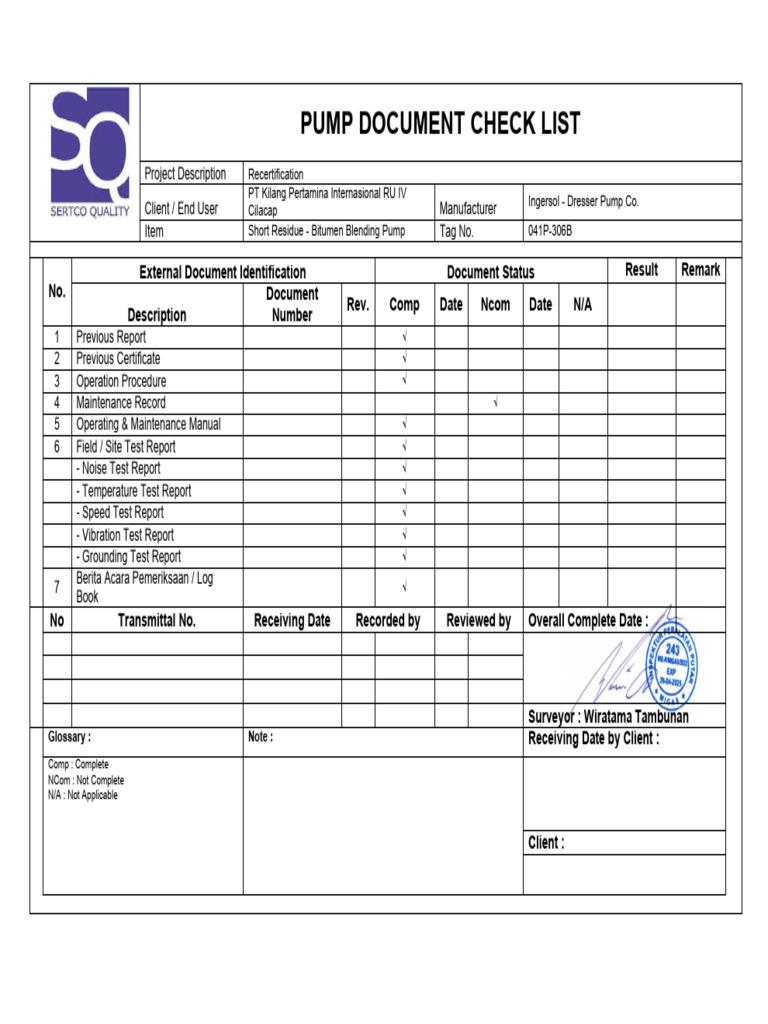 PUMP DOCUMENT CHECK LIST 041P-306B | PDF