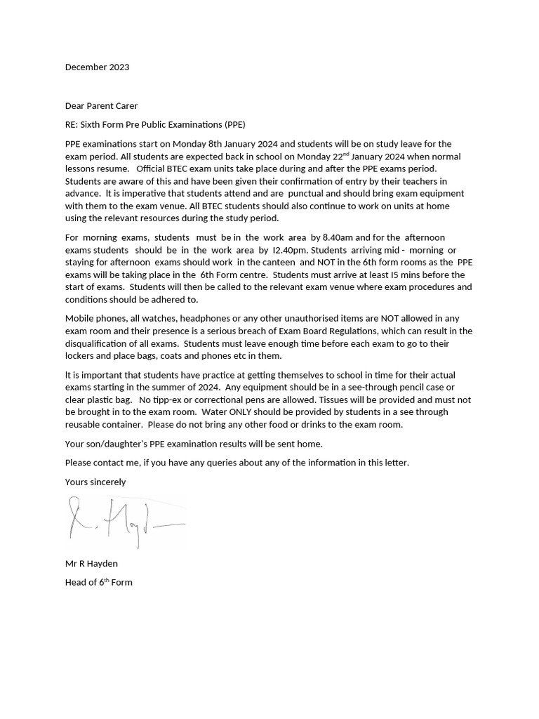 Ppe Letter Home For Jan 24 Doc X | PDF