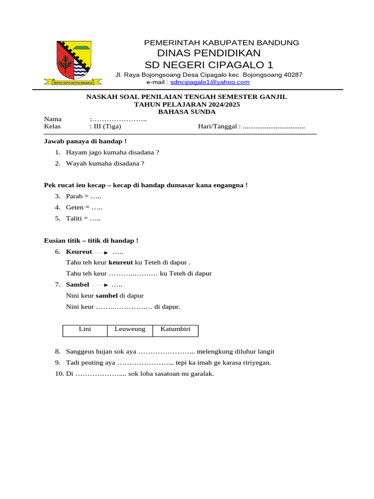 UTS Bahasa Sunda 1 | PDF