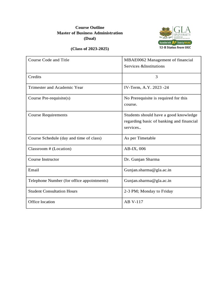 Updated Format of Course Outline MBA (DUAL) MFSI | PDF