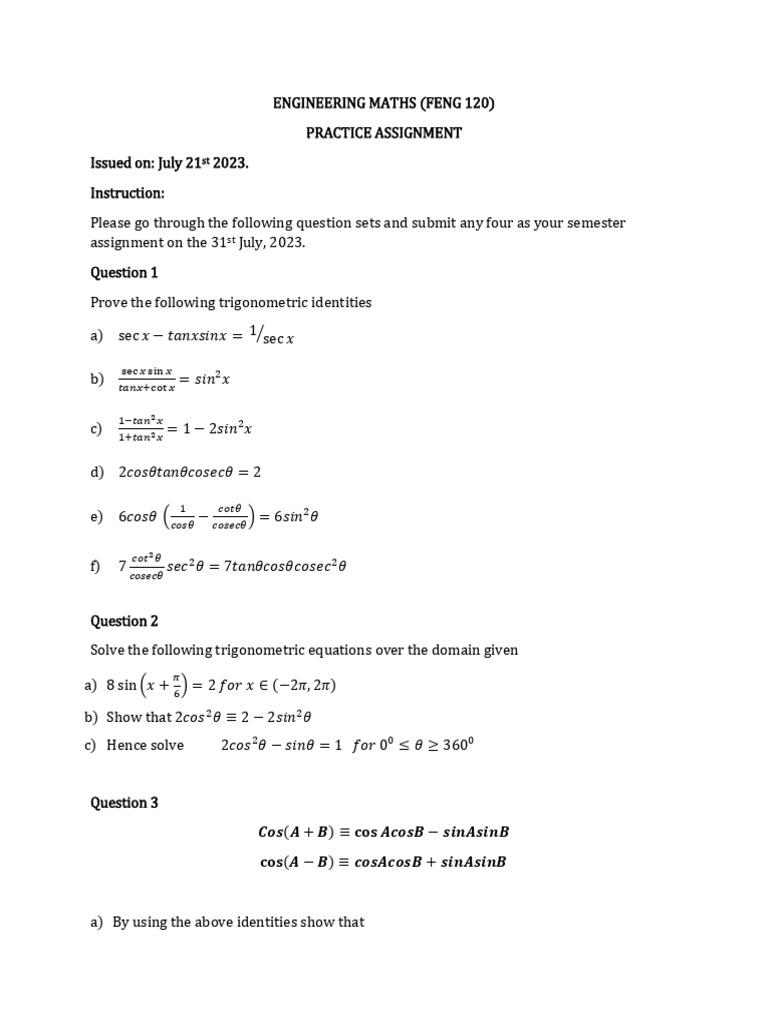 Engineering Maths Practice Assignment | PDF | Equations | Function ...