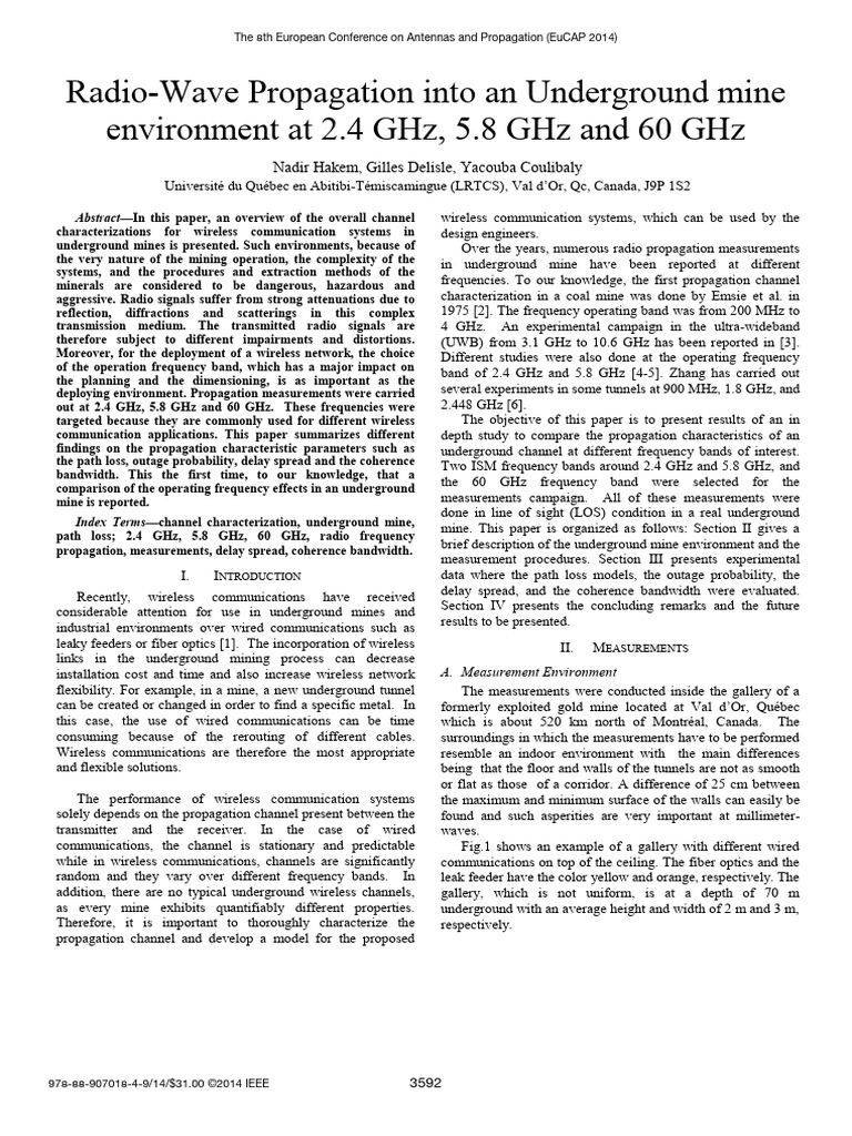 02 Radio Wave Propagation Into An Underground Mine Environment At 2 4 Ghz 5 8 Ghz And 60 Ghz