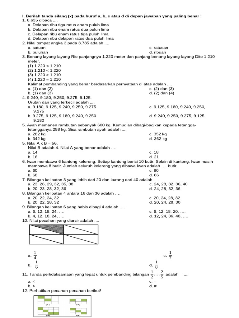 Soal MTK - Sts 1 Kelas 4 | PDF