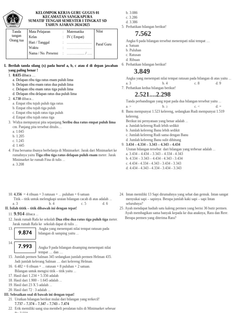 Soal STS Matematika Kelas 4 SMT 1 | PDF