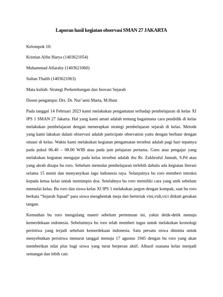 Laporan Hasil Kegiatan Observasi SMAN 27 JAKARTA | PDF