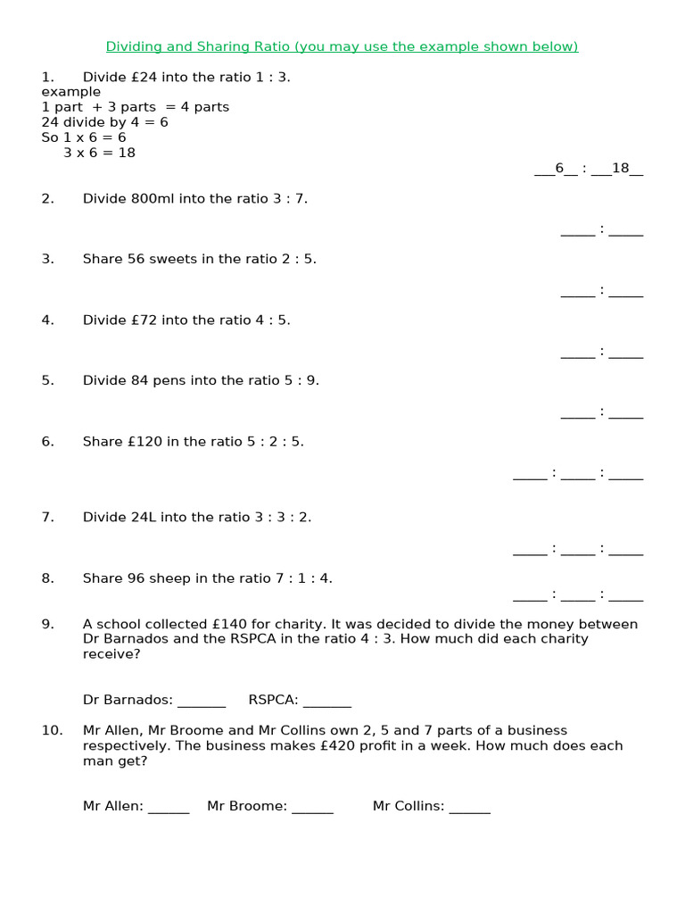 Dividing into a ratio Worksheet | PDF