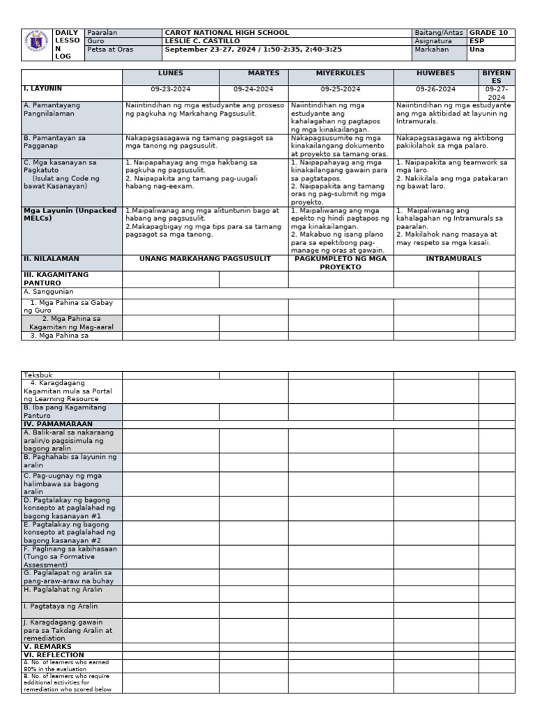 Esp 10 Daily Lesson Log | PDF