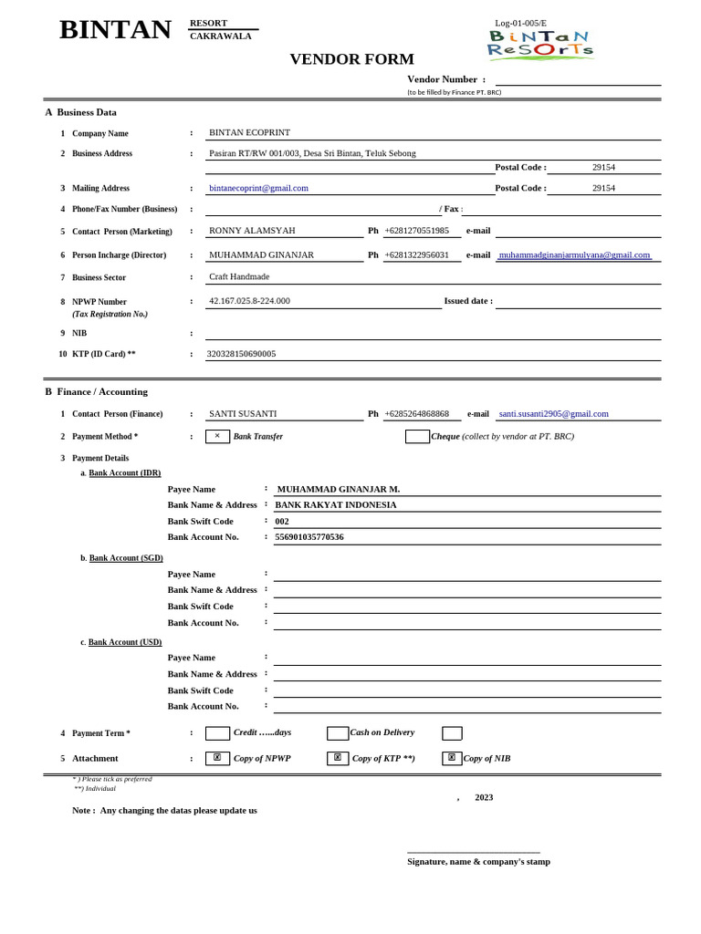LOG-01-005E Vendor Form Update | PDF | Payments | Law
