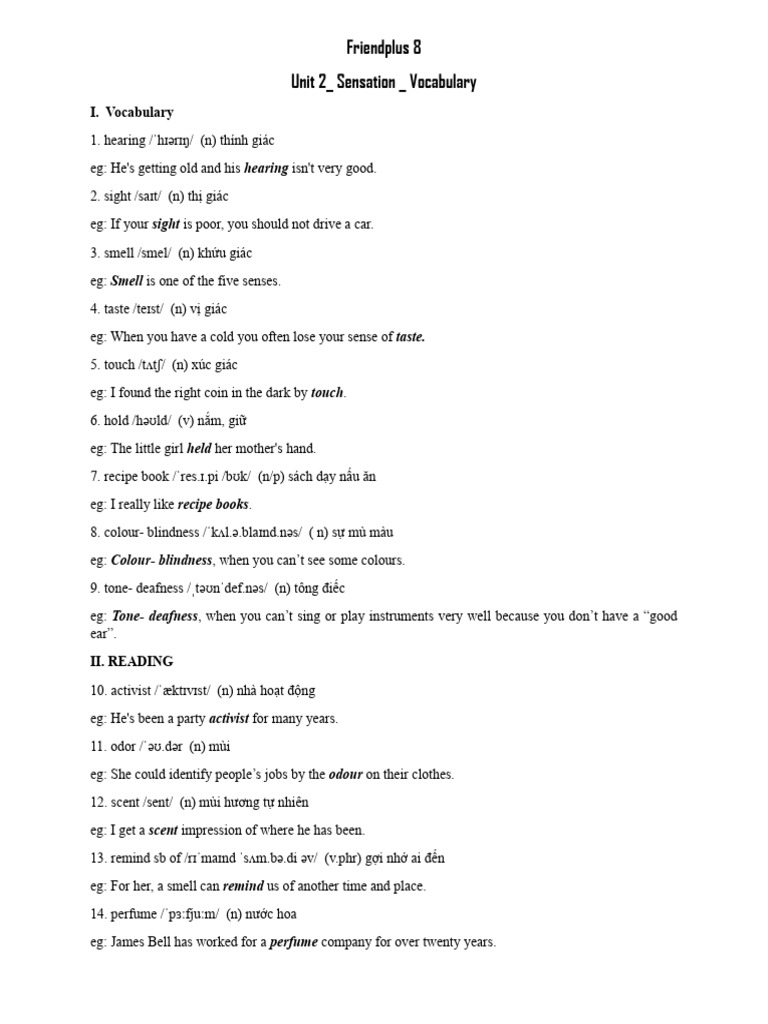 FB8_Unit 2_ Sensation _ Vocabulary | PDF