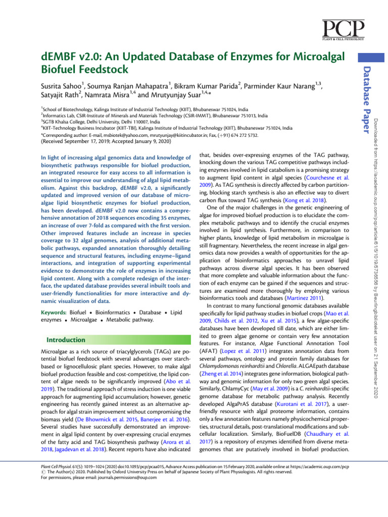DEMBF v2.0 An Updated Database of Enzymes For Microalgal | PDF