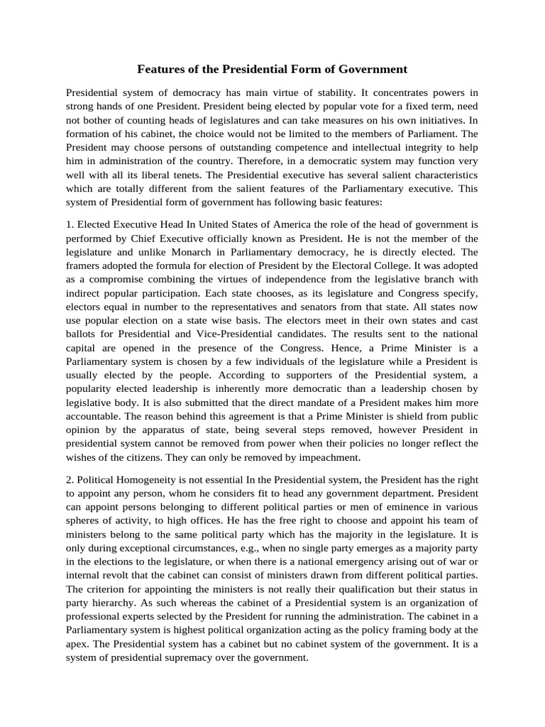 Features of The Presidential Form of Government | PDF