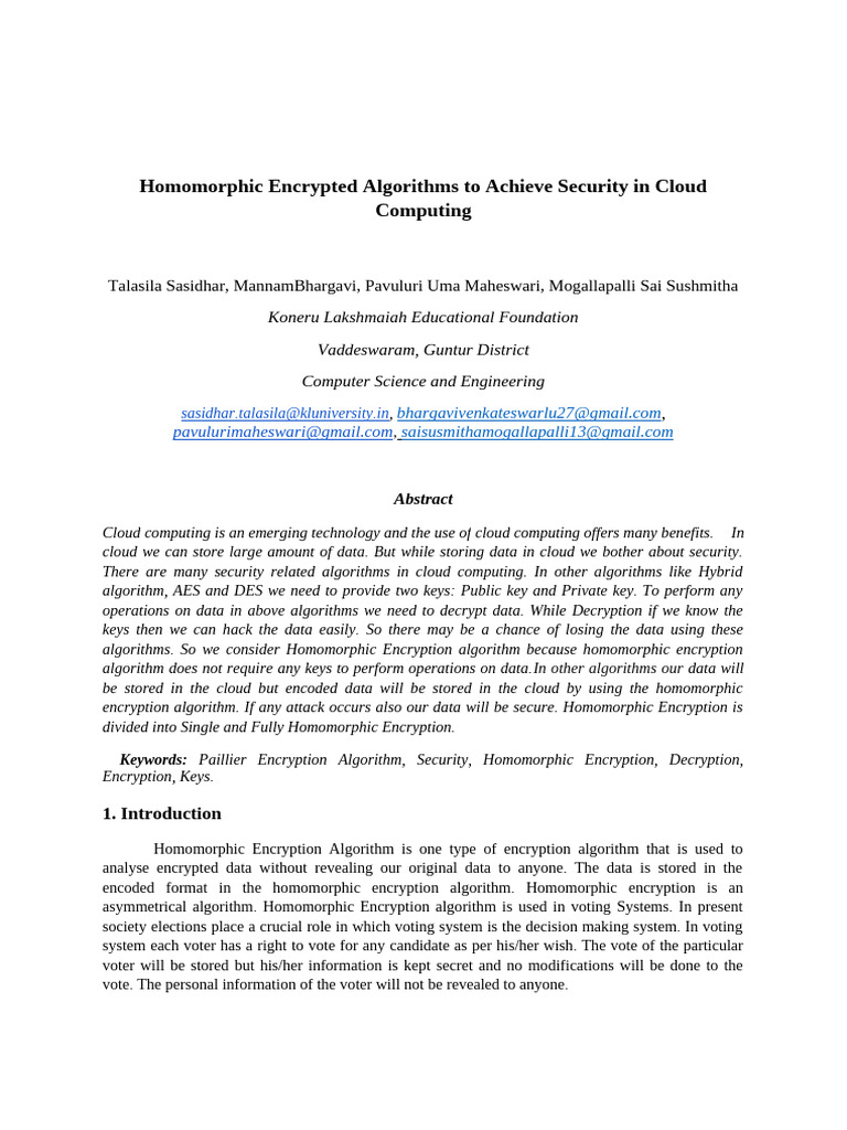 Homomorphic Encrypted Algorithms To Achieve Security in Cloud Computing | PDF | Encryption ...