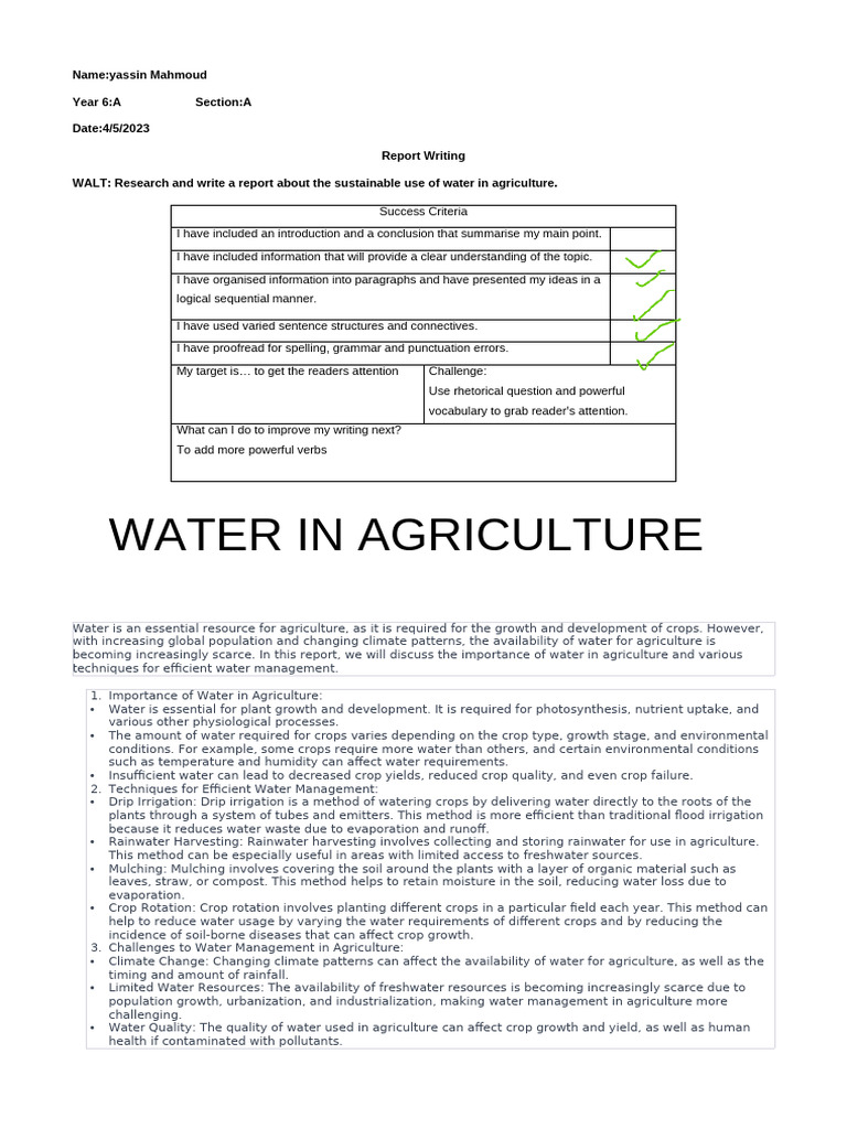Year 6 Report Sustainable Use of Water in Agr | PDF