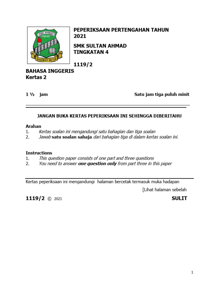 English Mid Year Exam - Form 4 Paper 2 | PDF