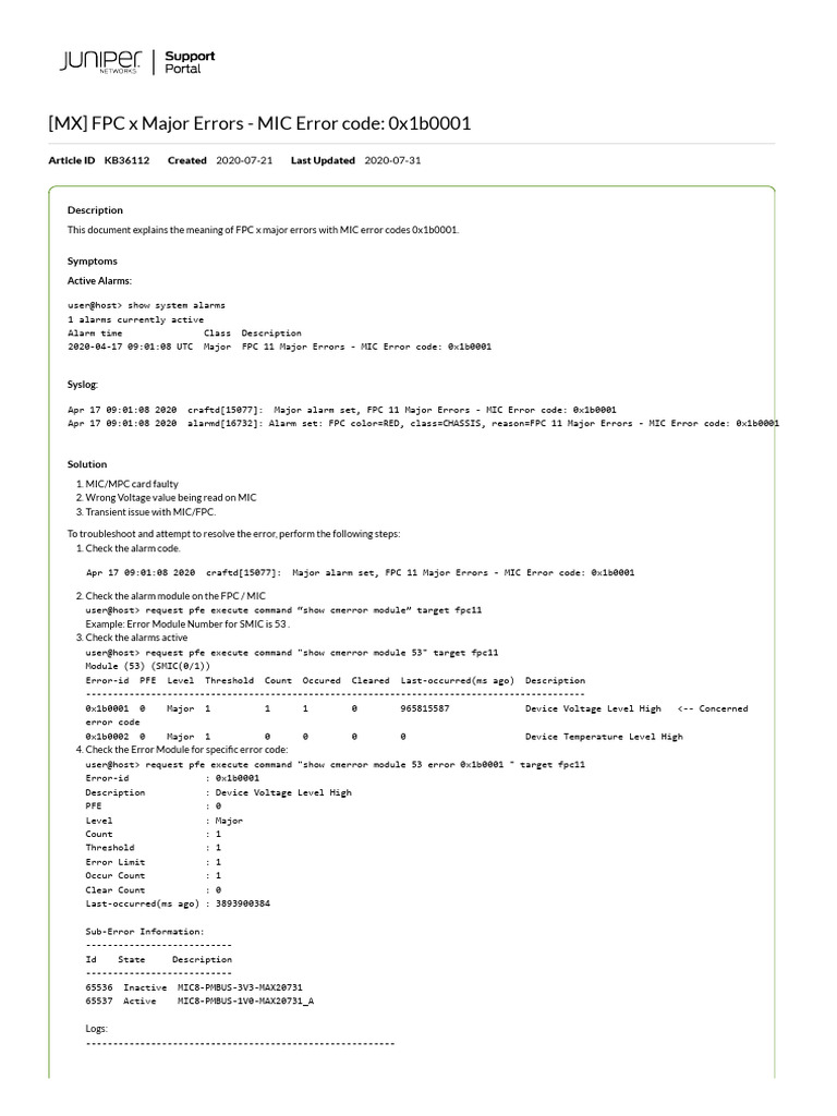 (MX) FPC X Major Errors - MIC Error Code - 0x1b0001 | PDF
