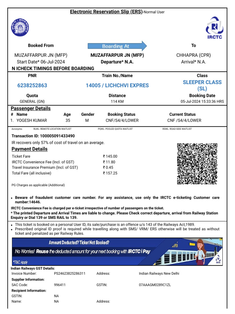 Ticket (Chhapra) | PDF