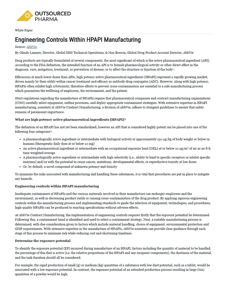 Engineering Controls Within HPAPI Manufacturing | PDF