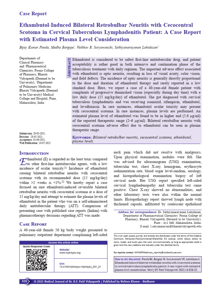 Ethambutol-Induced Bilateral Retrobulbar Neuritis With Cecocentral ...