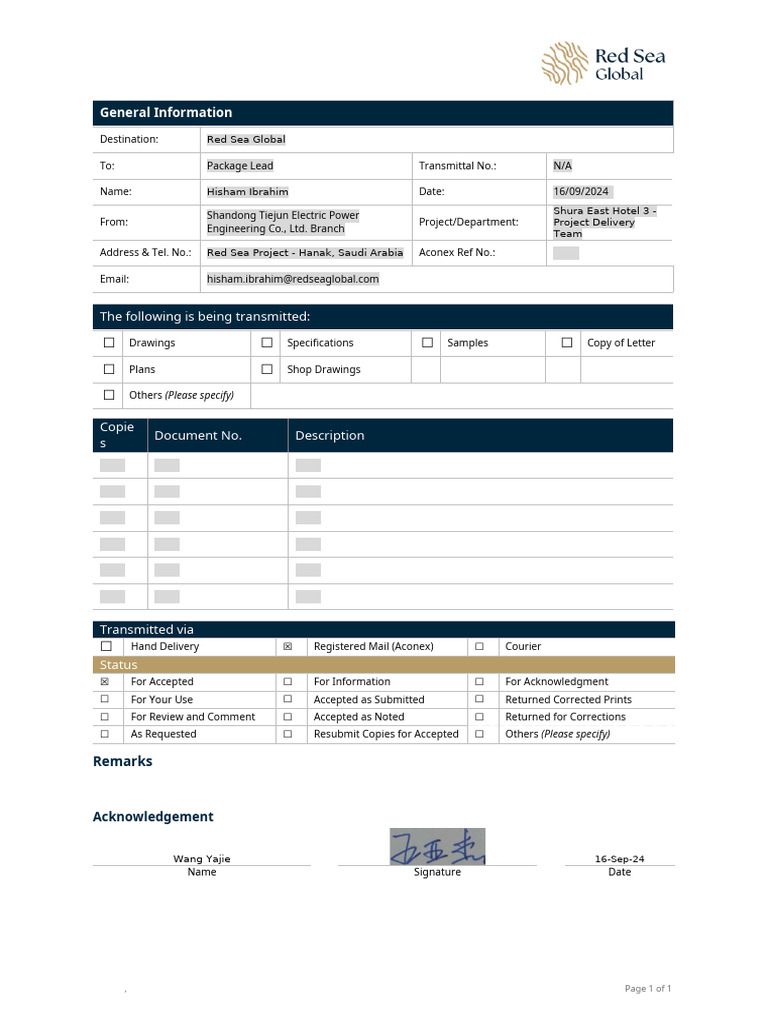 HE3C42 - RSG DC FRM 0001 - 02 Document Transmittal Form | PDF