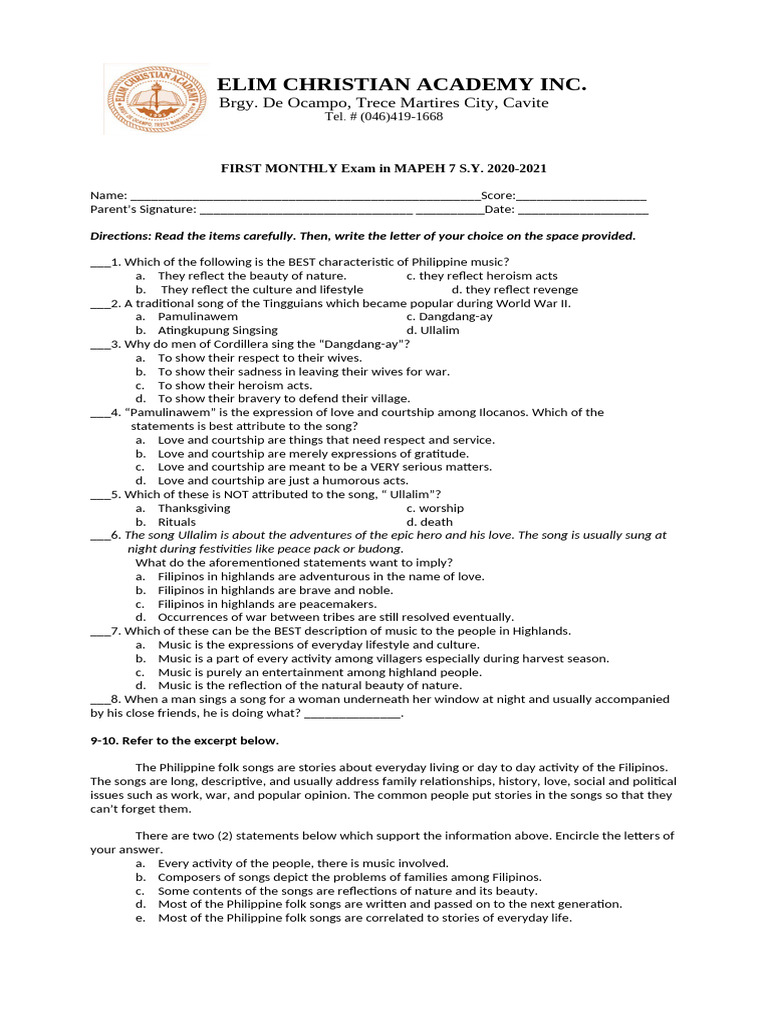 MAPEH 7 FIRST MONTHLY | PDF