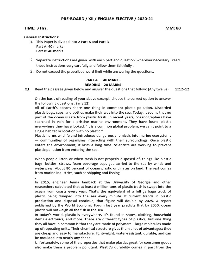 Pre-Board Xii English Elective 2020-21 | PDF | Plastic