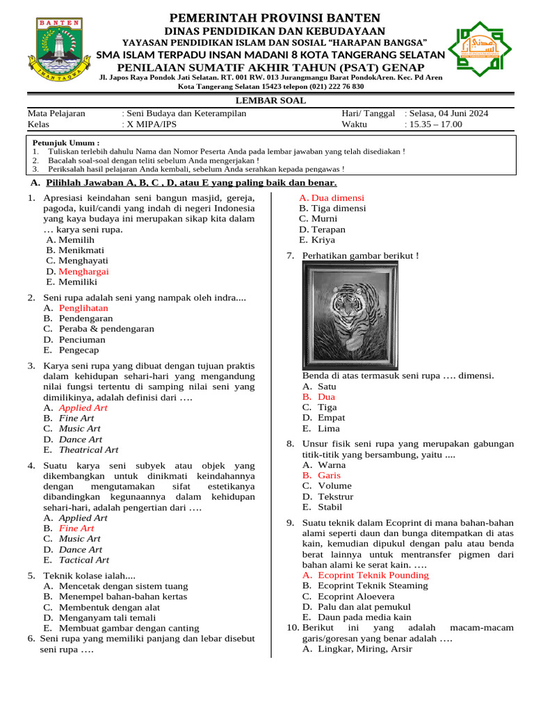 Soal PSAT SBK Kelas X 2324 | PDF