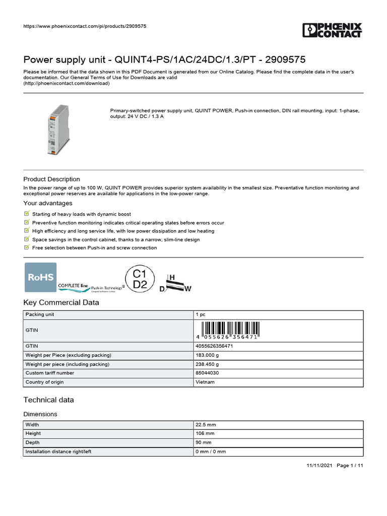 Power Supply Unit - QUINT4-PS/1AC/24DC/1.3/PT - 2909575: Product ...