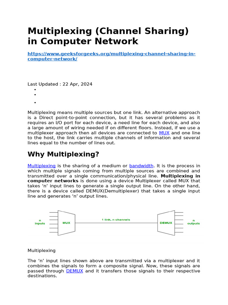 Multiplexing (Channel Sharing) in Computer Network | PDF | Multiplexing | Technology & Engineering
