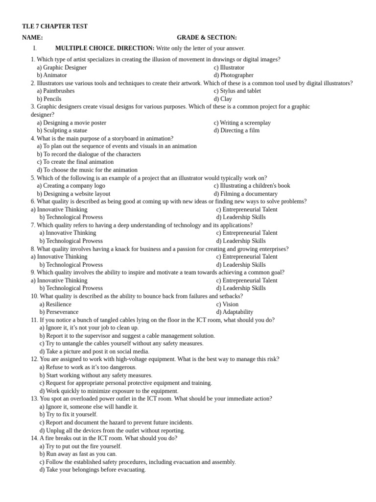 Tle 7 Chapter Test | PDF | Animation | Art