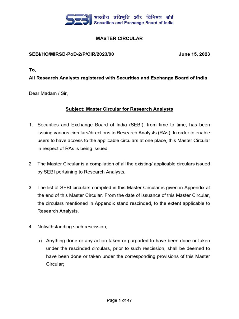 Master Circular Sebi/Ho/Mirsd-Pod-2/P/Cir/2023/90 June 15, 2023 To, All ...