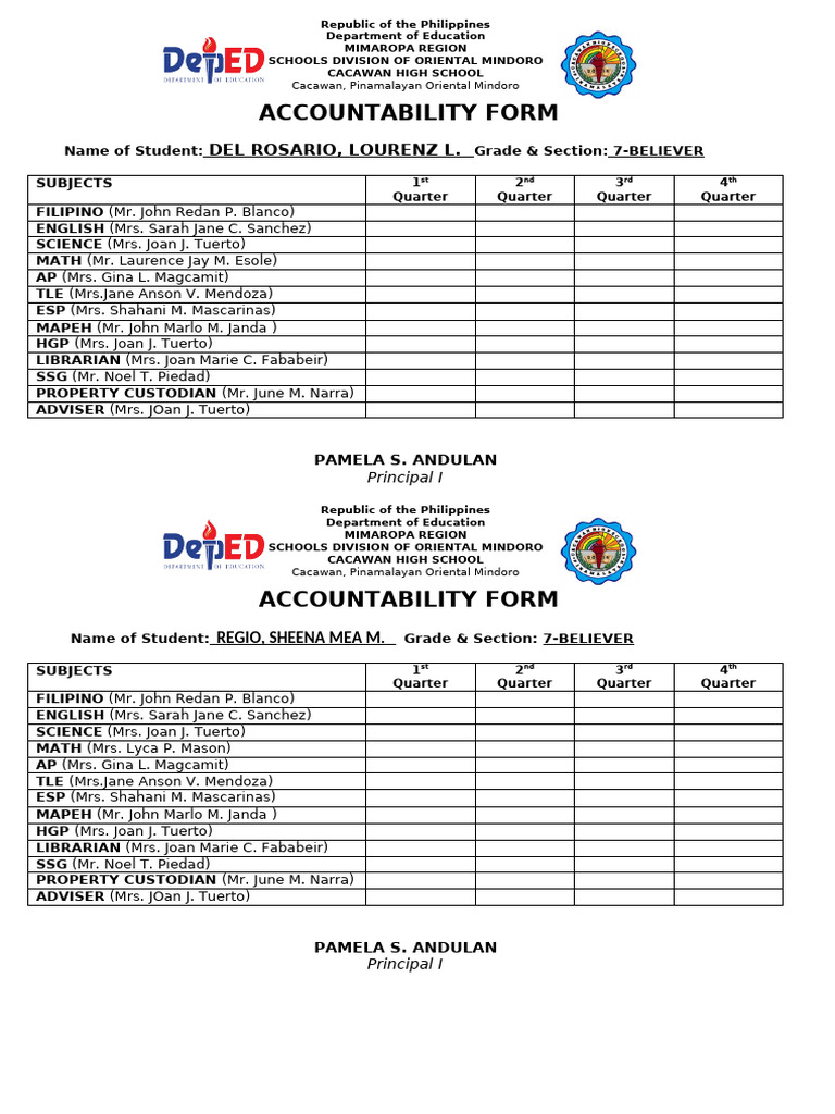 Cacawan High School Student Accountability Form | PDF