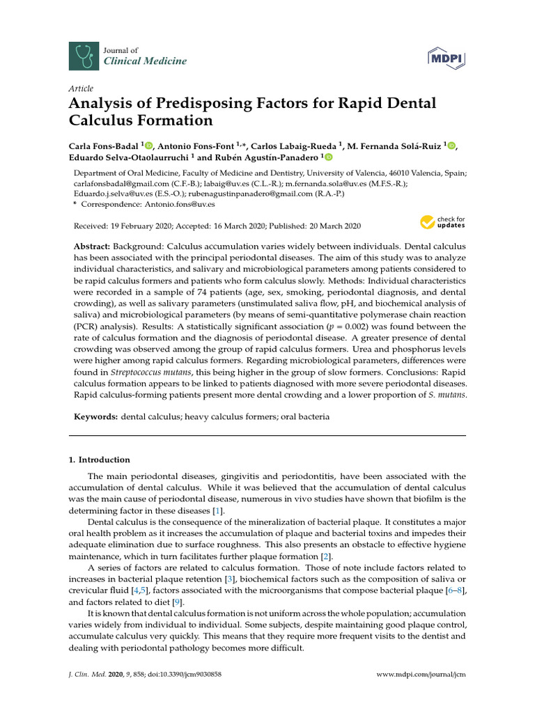 Analysis of Predisposing Factors For Rapid Dental Calculus Formation | PDF