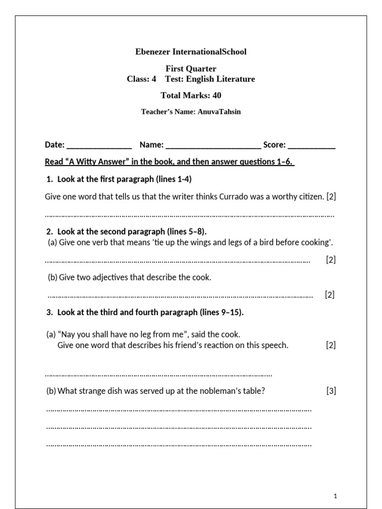 CLASS 4 Eng. Lit. Test 23-24 R.R Pgs 7-10 | PDF