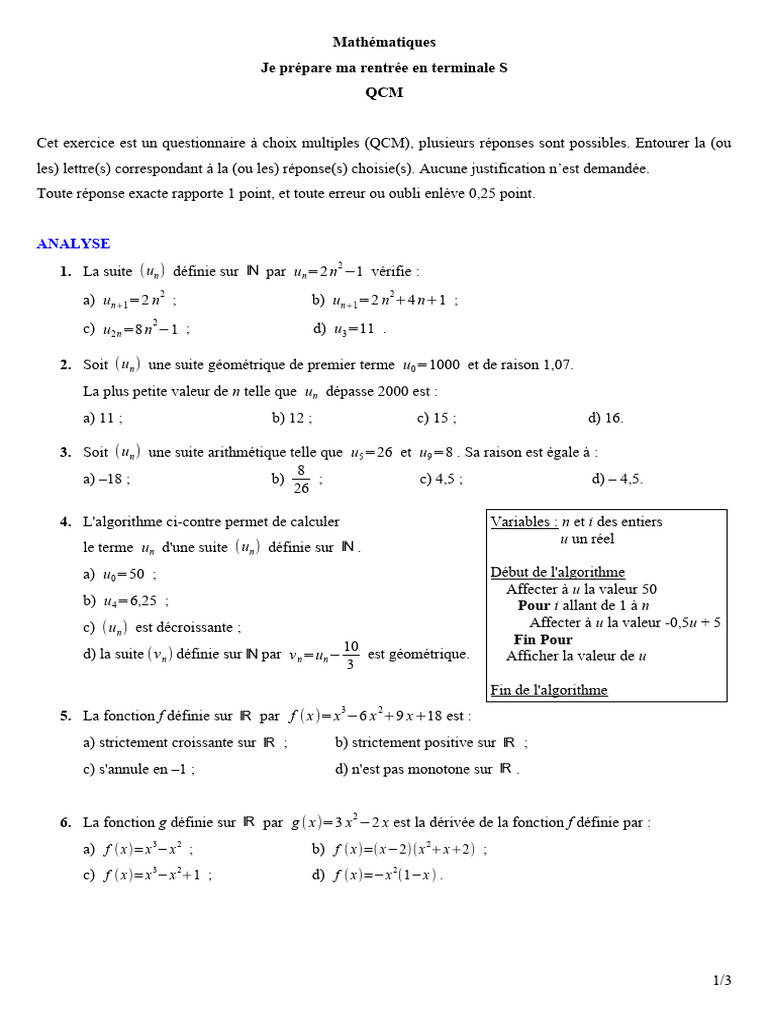 QCM Math TS | PDF