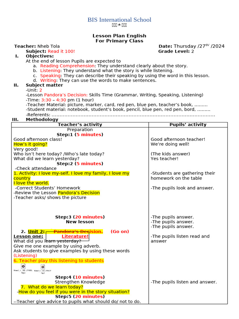 BIS's Lesson Plan (Thursday 27th 2024) | PDF