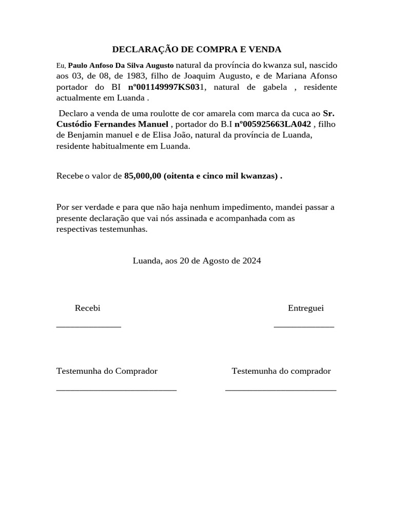 Declaração de Compra e Venda | PDF