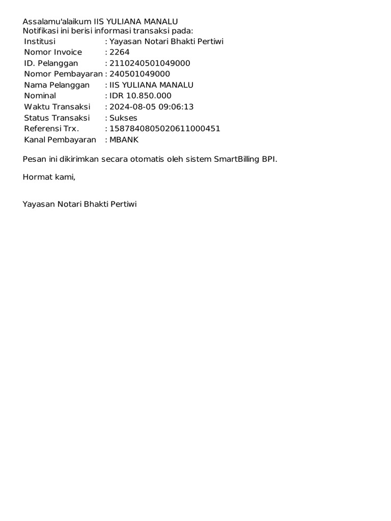 Yayasan Notari Bhakti Pertiwi (Yayasan Notari Bhakti Pertiwi) Notifikasi Transaksi 2264 | PDF