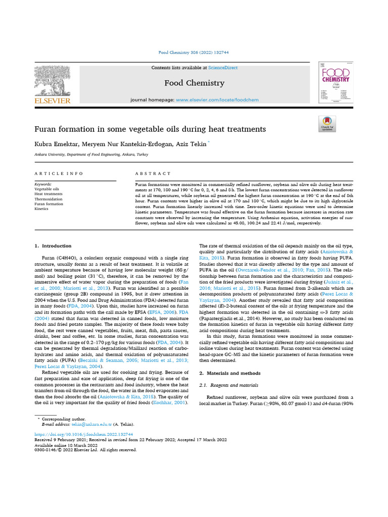 Furan Formation in Some Vegetable Oils During Heat Treatments | PDF ...