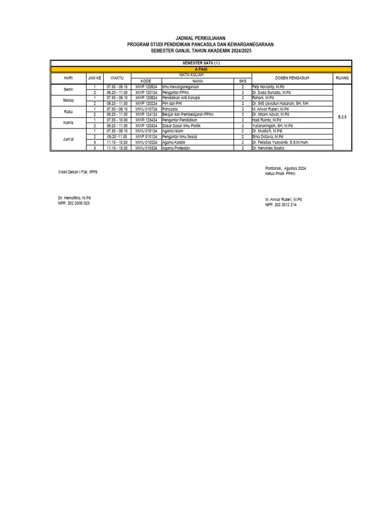 Jadwal Perkuliahan Semester Ganjil PPKN | PDF