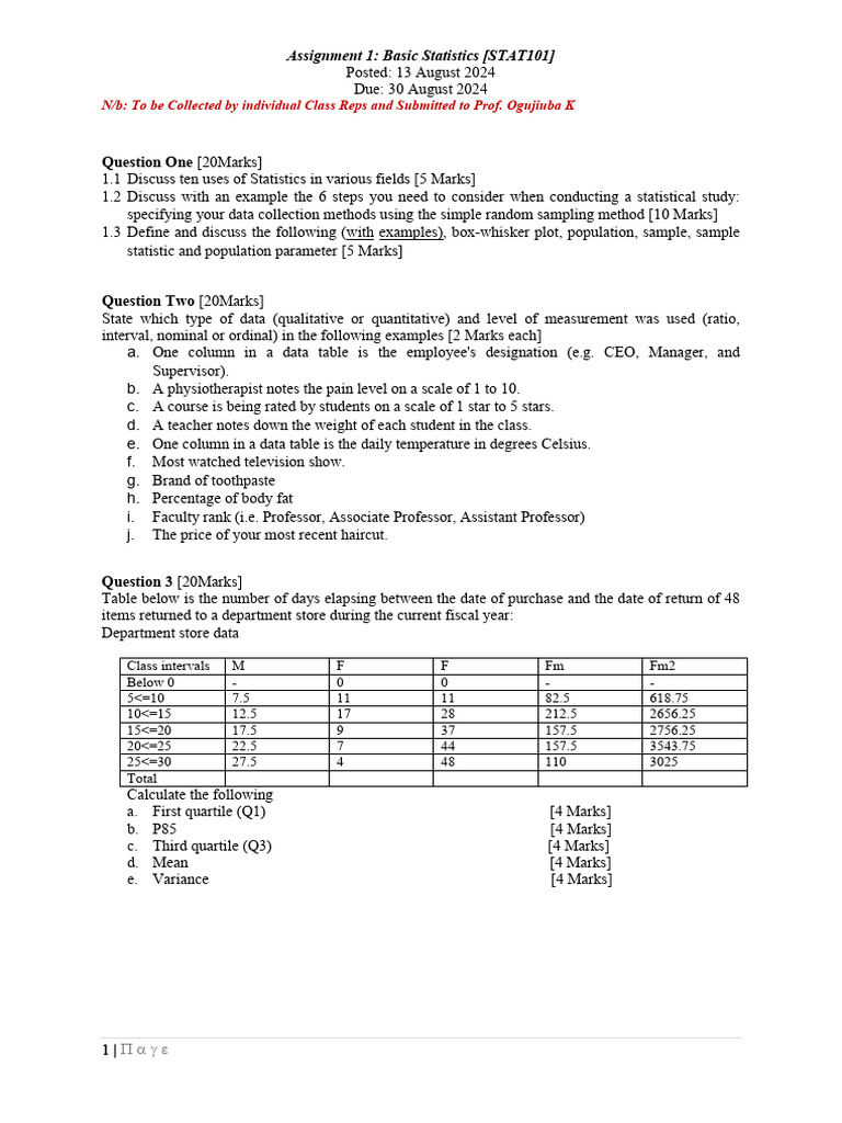 Assignement (STAT101) - 2024 | PDF